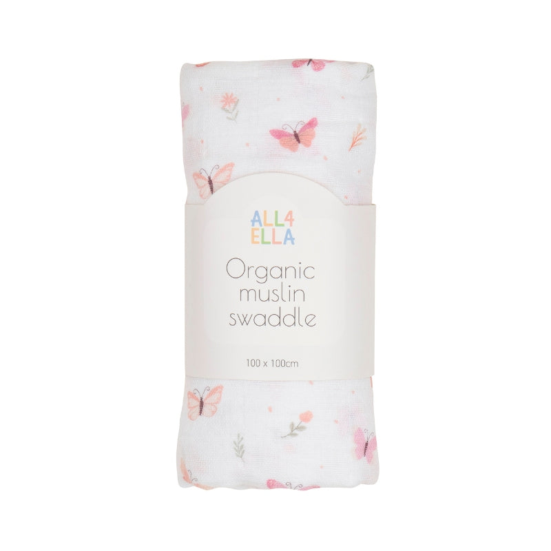 Organic Cotton Muslin Swaddle - Sweet Butterfly | All4Ella